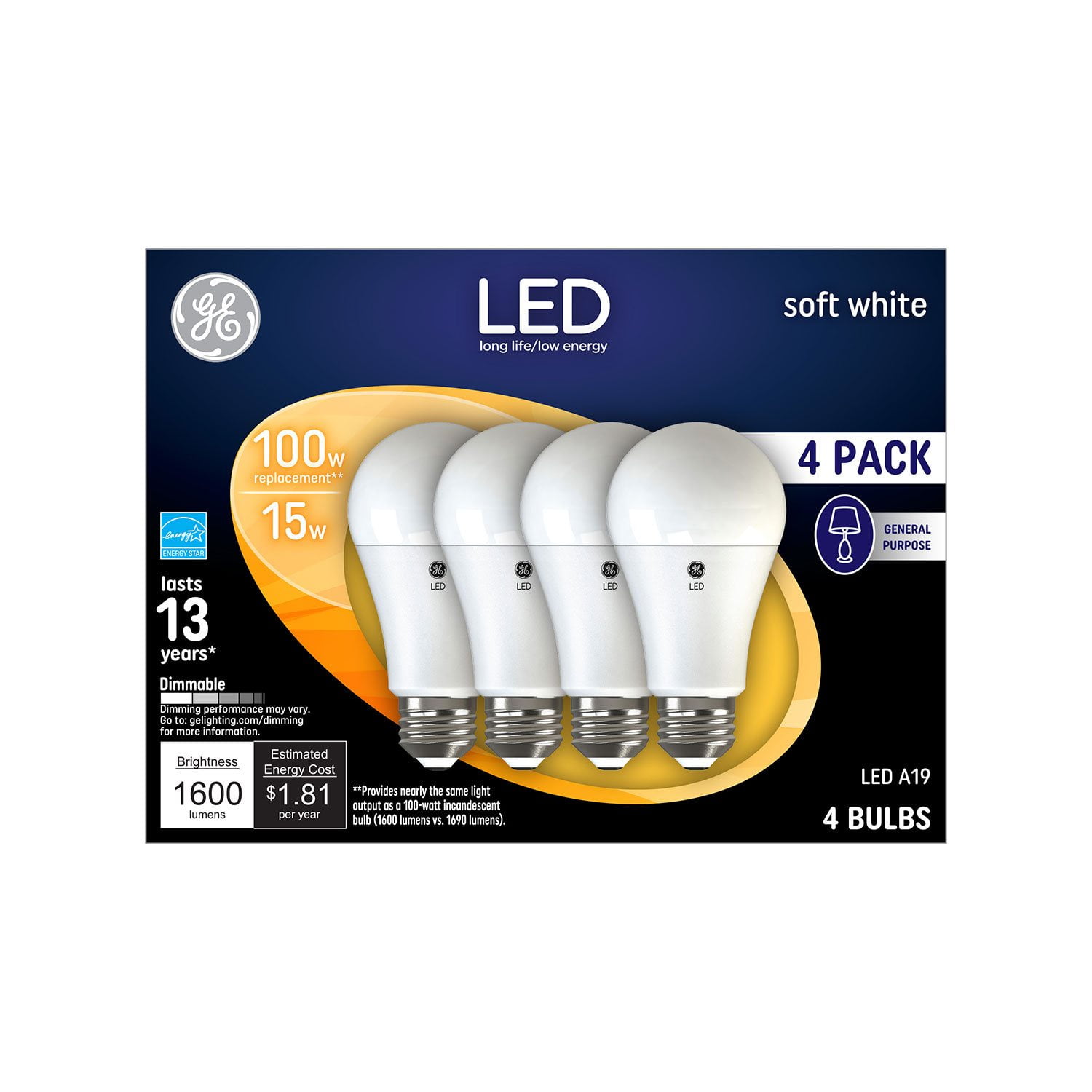 GE Soft White LED 100W Equivalent General Purpose A19 Light Bulbs 4 ...