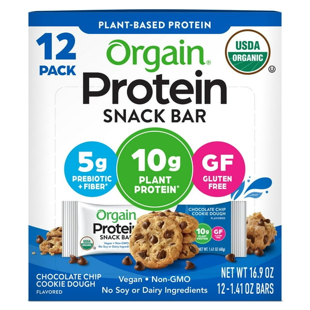 Orgain Organic Plant Based Protein Snack Bars, Chocolate Chip Cookie ...