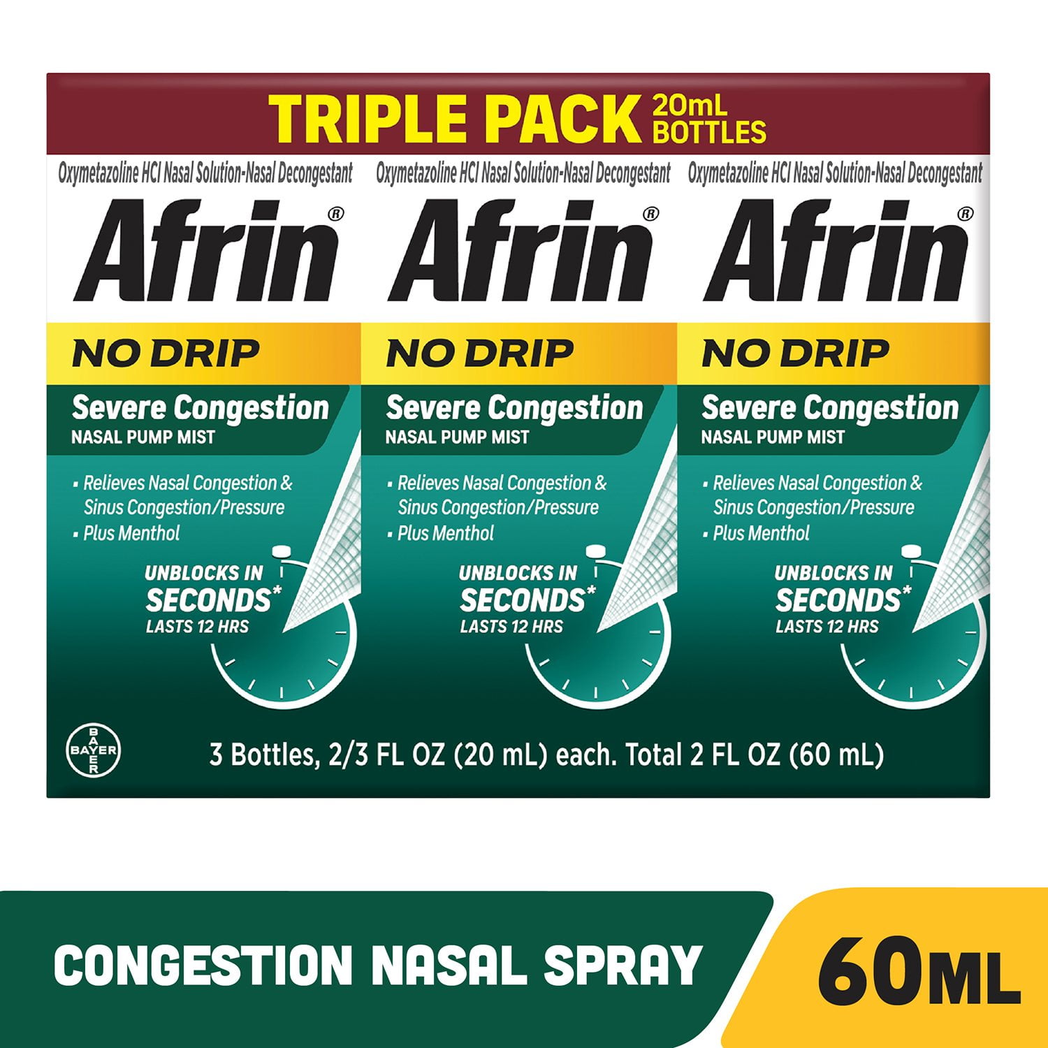 Afrin No-Drip Severe Congestion Nasal Spray 20 ml 3 Pack - Effective ...