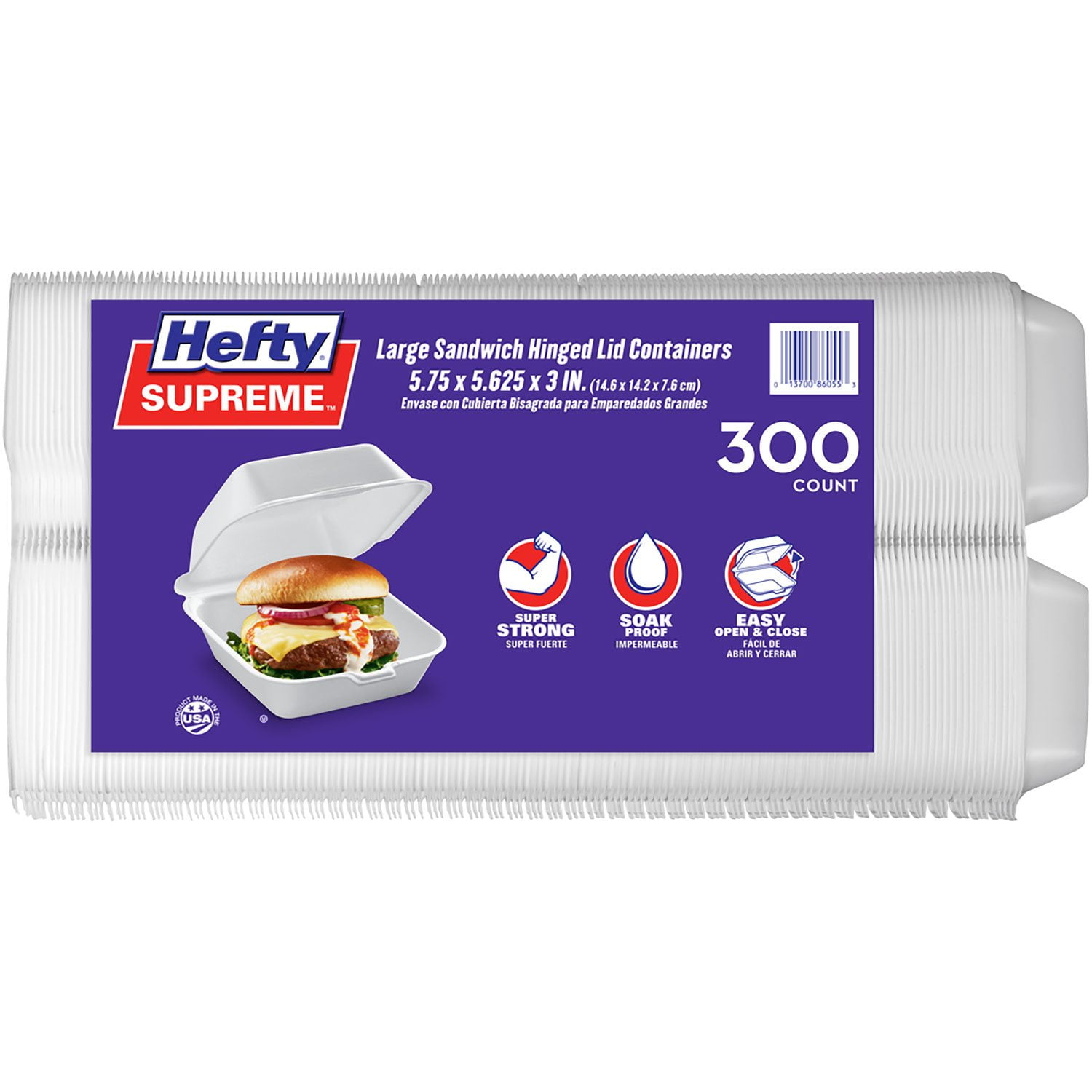Hefty Supreme Large Sandwich Foam Hinged Lid Containers, 6" 300 ct ...