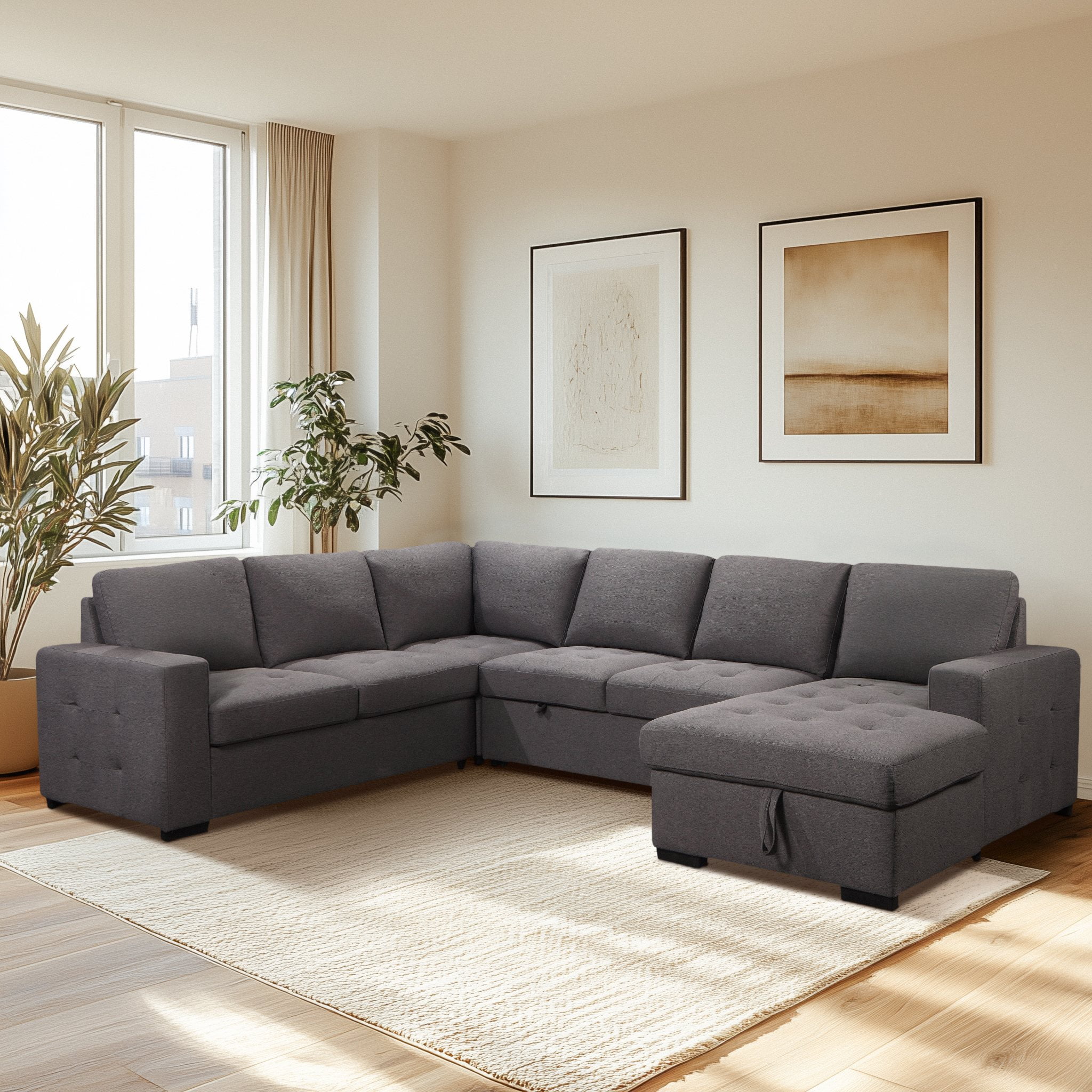 Dylan Stain-Resistant Fabric 6 Seat Storage Sectional With Pullout Bed ...