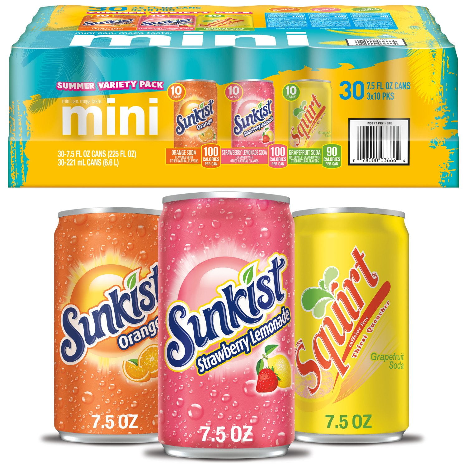 Sunkist and Squirt Citrus Mini Can Summer Variety Pack (7.5 fl. oz., 30 ...