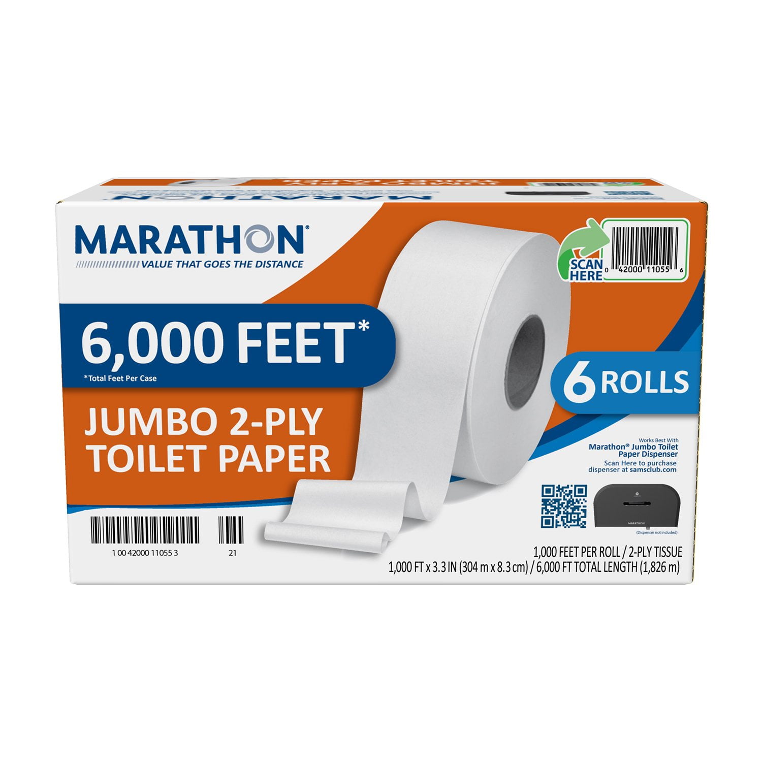 Marathon Jumbo Roll 2-Ply White Toilet Paper 6 rolls, 1000 ft./roll ...