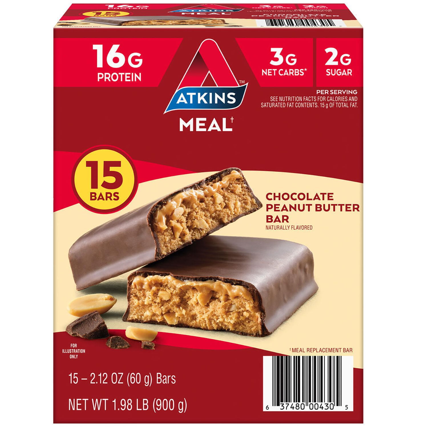 Atkins Chocolate Peanut Butter Meal Bars, High Fiber, 16g of Protein 15 ...