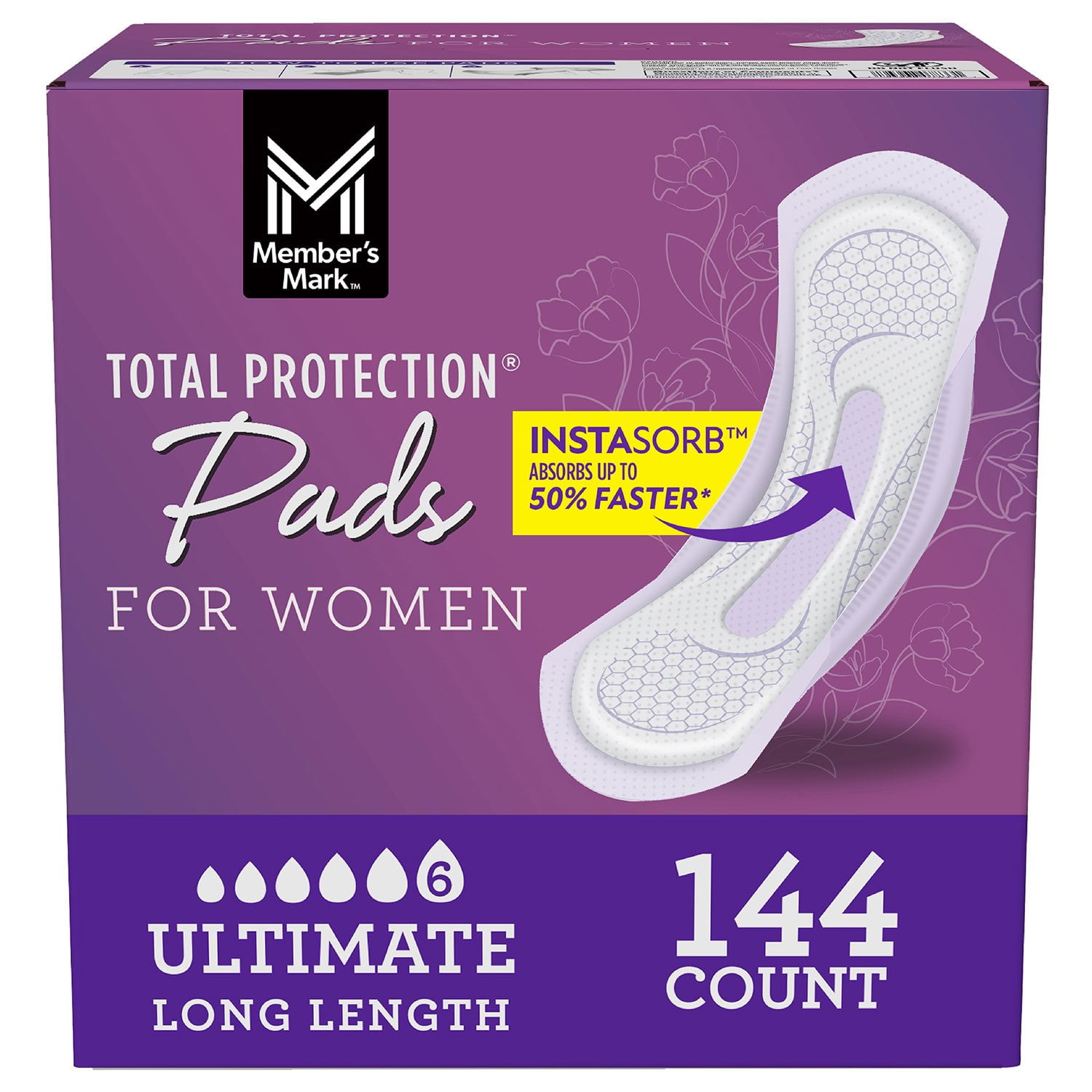 Member's Mark Total Protection Pads for Women, Ultimate Long, 6 Drop ...