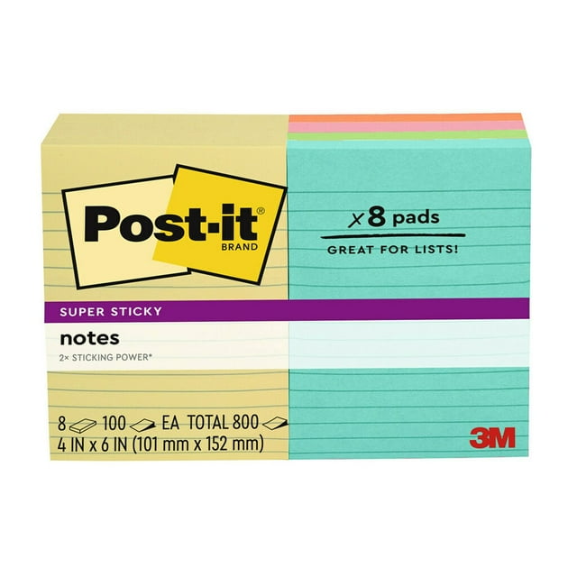 Post-it Super Sticky Notes, 4" x 6", Assorted Colors, Lined, 8 Pack ...